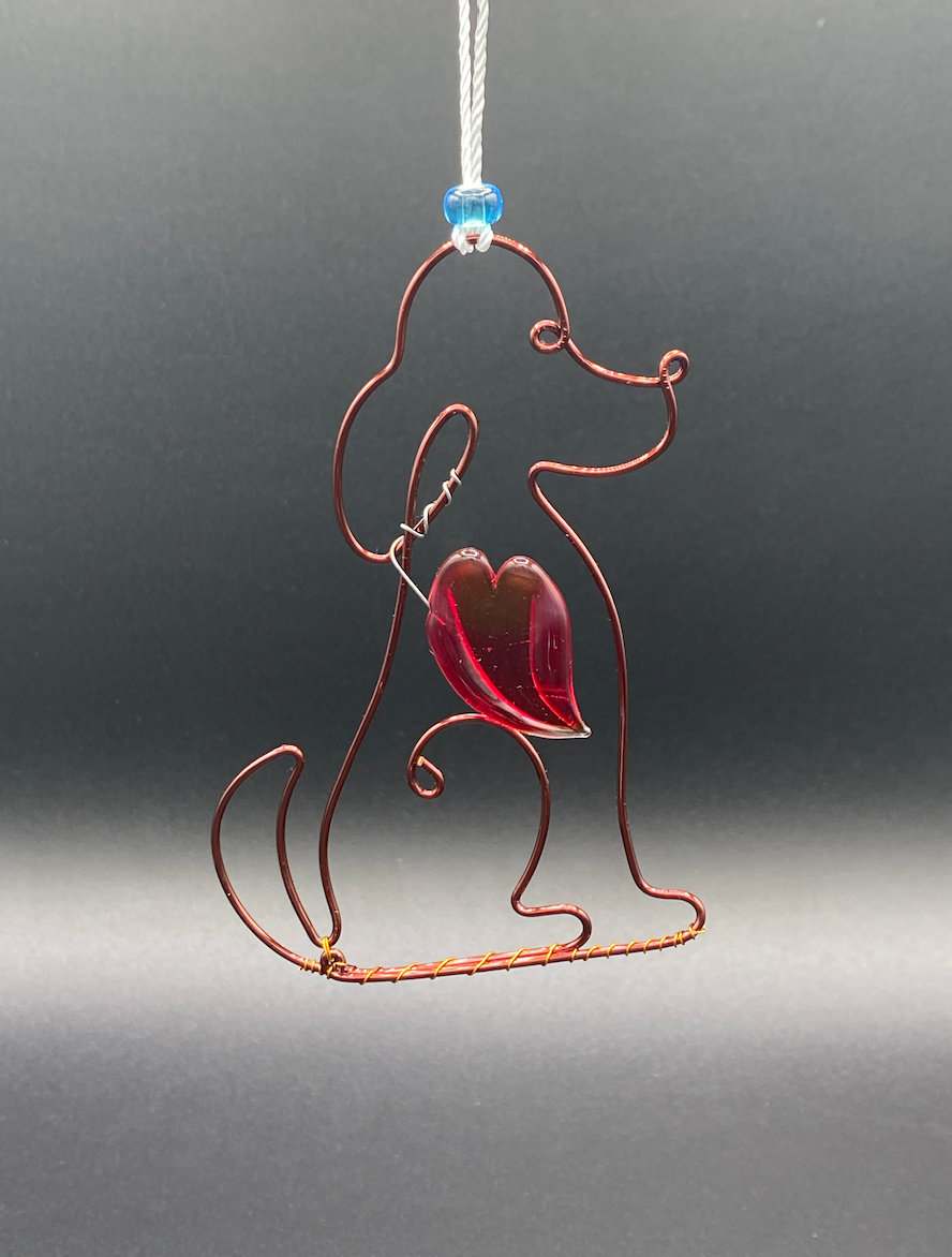2D - Copper Dog with Glass Heart | Whimsical Wire & Glass